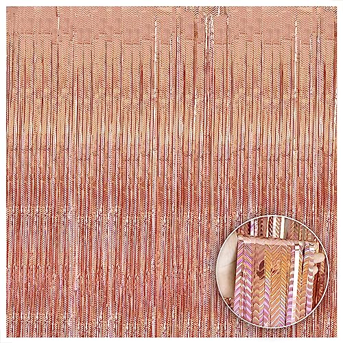 KatchOn, Laser Stripe Rose Gold Fringe Curtain - XtraLarge 3.2 x8 Feet, Pack of 1 | Rose Gold Backdrop Curtain for Bachelorette Party Decorations | Rose Gold Streamers for Rose Gold Party Decorations