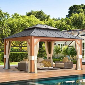 YOLENY 12' x 14' Ultra-Thick Columns and Beams Hardtop Gazebo, Metal Gazebo with Faux Wood Grain Aluminum Frame, Dual Material Double Roof, Outdoor Patio Gazebo Pergolas with Netting and Curtains