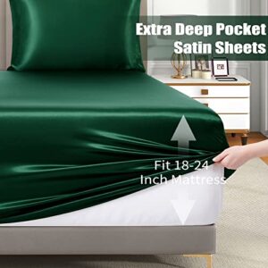 VACVELT 3pcs Extra Deep Pocket Satin Fitted Sheet Set Queen Bed Set, Blackish Green Bottom Sheet Fit 18-24 Inch Deep Pocket Mattress, Silky Bedding Set Soft & Ultra Deep Fitted Sheet & 2 Pillowcase