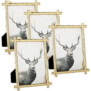 chunful 4 pieces 5 x 7 inch gold metal picture frames bamboo design metal frame vintage gold frame photo with soft velvet backing for desktop decorations