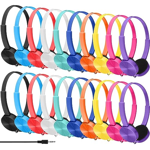 Hoteam 20 Pack Bulk Headphones for School, Classroom Headphones on Ear Multi Color Over The Head Headphones for School, Library, Computers, Students, Children and Adult, 3.5 mm Jack