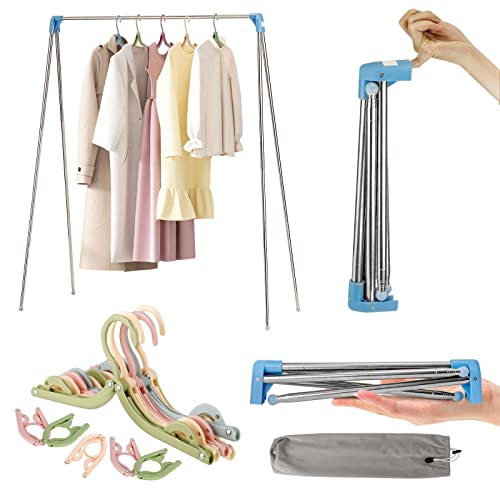 Portable Garment Rack, 15-35 inch Collapsible Clothes Drying Rack, Foldable Mini Drying Clothes Rack for Laundry, Travel, Camping, Hotel, Dance (1 Portable Clothes Rack + 10 Mini Clothes Hangers)