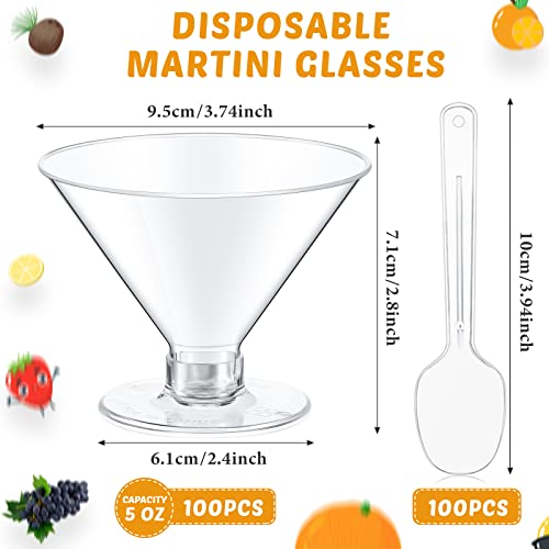 Yinkin Clear Plastic Martini Glasses 5 oz Disposable Cocktail Glasses Mini Martini Plastic Cups Dessert Plastic Shot Glasses Unbreakable with Spoons for Weddings Party Wine Appetizers Food(100 Pack)