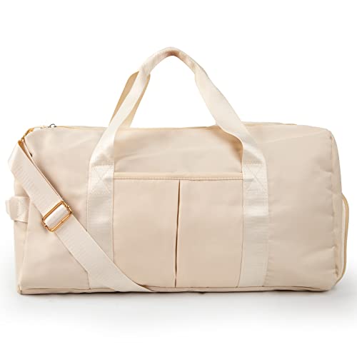 Small Gym Bag for Women and Men, Sports Duffel Bags for Dance and Swimming, Weekender Overnight Bag with Shoes and Wet Clothes Compartment (Beige)