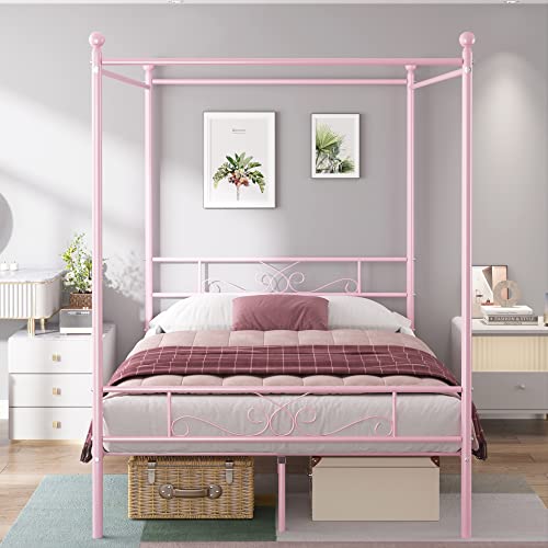 Weehom Metal Canopy Platform Bed Frame with 4 Posters and Headboard Under Bed Storage No Box Spring Needed for Adults Girls Bedroom Decoration Full Size Bed, Pink