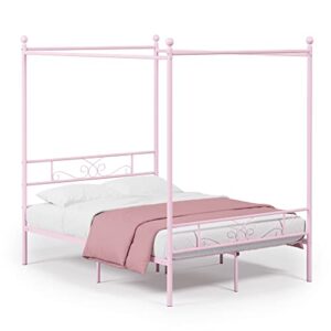 Weehom Metal Canopy Platform Bed Frame with 4 Posters and Headboard Under Bed Storage No Box Spring Needed for Adults Girls Bedroom Decoration Full Size Bed, Pink