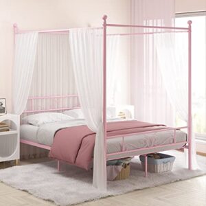 Weehom Metal Canopy Platform Bed Frame with 4 Posters and Headboard Under Bed Storage No Box Spring Needed for Adults Girls Bedroom Decoration Full Size Bed, Pink