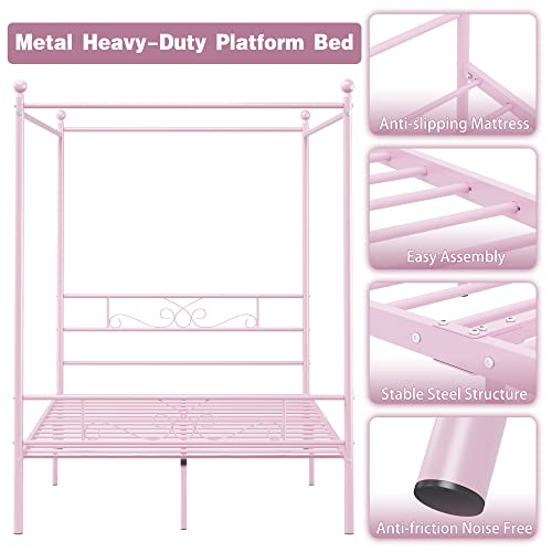 Weehom Metal Canopy Platform Bed Frame with 4 Posters and Headboard Under Bed Storage No Box Spring Needed for Adults Girls Bedroom Decoration Full Size Bed, Pink