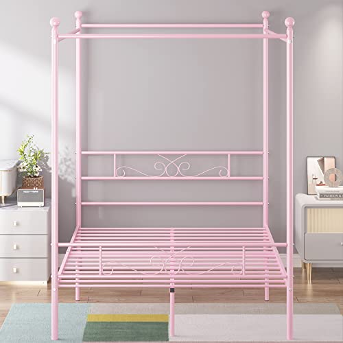 Weehom Metal Canopy Platform Bed Frame with 4 Posters and Headboard Under Bed Storage No Box Spring Needed for Adults Girls Bedroom Decoration Full Size Bed, Pink