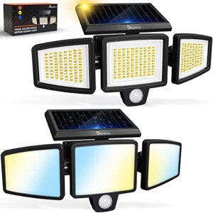 destello solar lights outdoor - 3 colors 3 modes 3000 lumens 280 led, 3 heads motion sensor light, 270° wide angle ip65 waterproof led security flood lights for porch yard patio garage(2 packs)