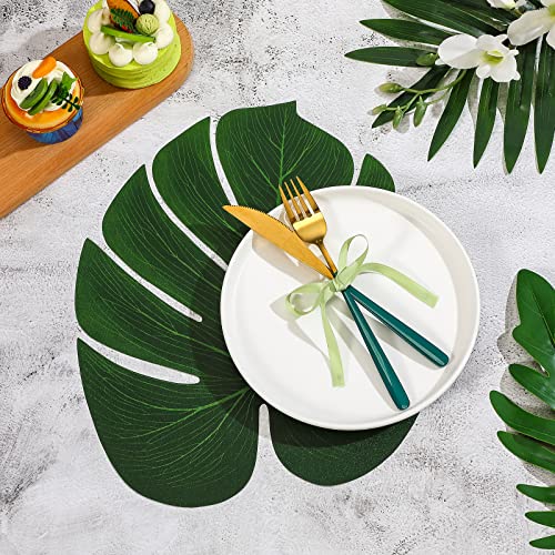 XunYee 100 Pcs Large Palm Leaves Artificial Monstera Leaf Decor Tropical Palm Leaves Placemats for Wedding Hawaiian Luau Party Jungle Safari Beach Table Decoration, 11.4 x 13.8 Inch