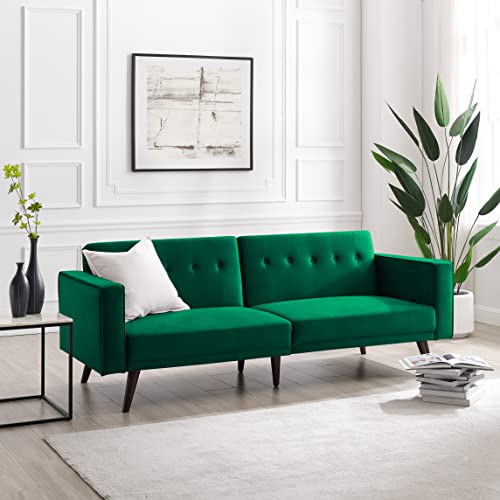 Hbaid 85.43" Velvet Sofa Bed, Green Couch Convertible Sleeper Sofa with Tapered Wood Legs and Armrest, Modern Loveseat Couches for Living Room, Bedroom