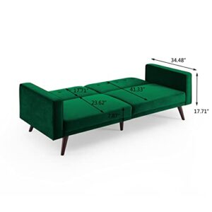 Hbaid 85.43" Velvet Sofa Bed, Green Couch Convertible Sleeper Sofa with Tapered Wood Legs and Armrest, Modern Loveseat Couches for Living Room, Bedroom