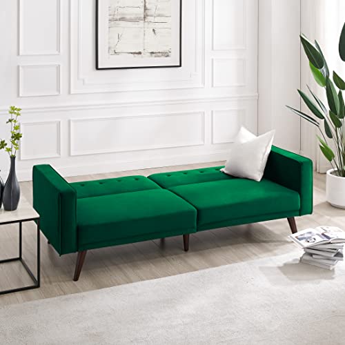 Hbaid 85.43" Velvet Sofa Bed, Green Couch Convertible Sleeper Sofa with Tapered Wood Legs and Armrest, Modern Loveseat Couches for Living Room, Bedroom