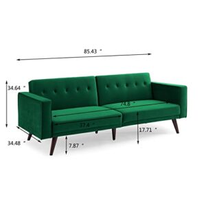 Hbaid 85.43" Velvet Sofa Bed, Green Couch Convertible Sleeper Sofa with Tapered Wood Legs and Armrest, Modern Loveseat Couches for Living Room, Bedroom