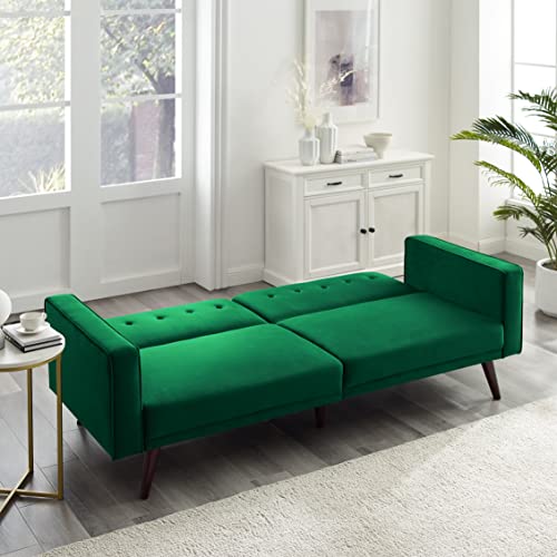 Hbaid 85.43" Velvet Sofa Bed, Green Couch Convertible Sleeper Sofa with Tapered Wood Legs and Armrest, Modern Loveseat Couches for Living Room, Bedroom