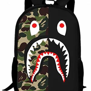 AKMASK 17inch Shark Backpack Green Camouflage 3D Print Laptop Backpack Lightweight Casual Daypack Bookbag