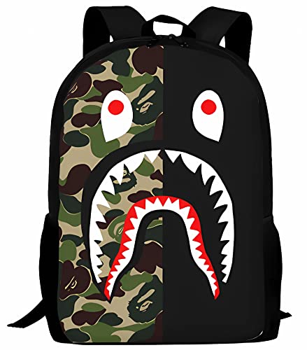 AKMASK 17inch Shark Backpack Green Camouflage 3D Print Laptop Backpack Lightweight Casual Daypack Bookbag