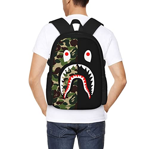 AKMASK 17inch Shark Backpack Green Camouflage 3D Print Laptop Backpack Lightweight Casual Daypack Bookbag