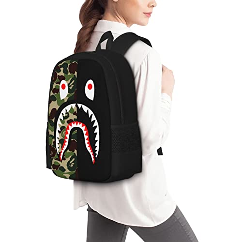 AKMASK 17inch Shark Backpack Green Camouflage 3D Print Laptop Backpack Lightweight Casual Daypack Bookbag