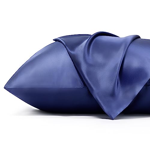 Bedsure Satin Pillowcase for Hair and Skin - Navy Blue Zipper Pillow Cases Standard Size Set of 2, Similar to Silk Pillow Cases, Silky & Super Soft Pillow Covers, Gifts for Her or Him, 20x26 Inches