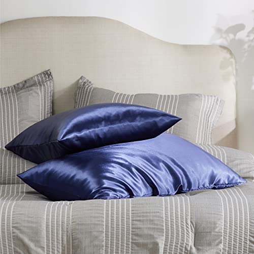 Bedsure Satin Pillowcase for Hair and Skin - Navy Blue Zipper Pillow Cases Standard Size Set of 2, Similar to Silk Pillow Cases, Silky & Super Soft Pillow Covers, Gifts for Her or Him, 20x26 Inches