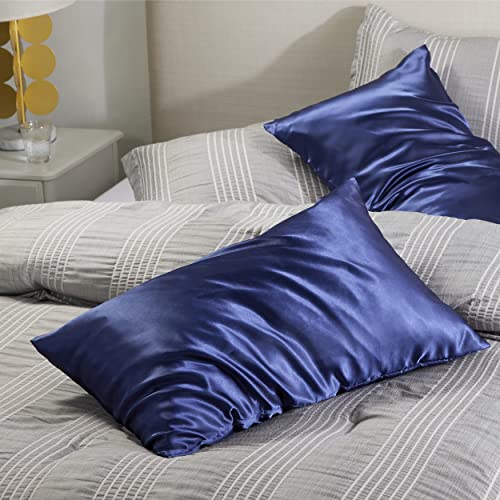 Bedsure Satin Pillowcase for Hair and Skin - Navy Blue Zipper Pillow Cases Standard Size Set of 2, Similar to Silk Pillow Cases, Silky & Super Soft Pillow Covers, Gifts for Her or Him, 20x26 Inches