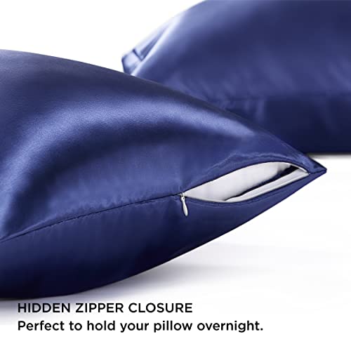 Bedsure Satin Pillowcase for Hair and Skin - Navy Blue Zipper Pillow Cases Standard Size Set of 2, Similar to Silk Pillow Cases, Silky & Super Soft Pillow Covers, Gifts for Her or Him, 20x26 Inches