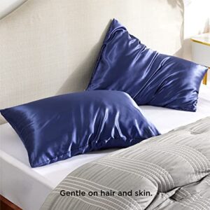 Bedsure Satin Pillowcase for Hair and Skin - Navy Blue Zipper Pillow Cases Standard Size Set of 2, Similar to Silk Pillow Cases, Silky & Super Soft Pillow Covers, Gifts for Her or Him, 20x26 Inches