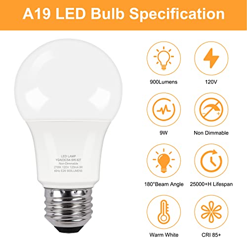 PARTPHONER A19 LED Light Bulb, 60W Equivalent, 9W 2700K Soft White, E26 Standard Base Non-Dimmable LED Light Bulb, CRI 85+, 6 Packs