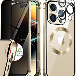 [CD Loop+Safety Lock]Magnetic Case for iPhone 14 Pro Max Case,[Privacy Screen with Camera Lens][Electroplating Metal Bumper]Double Sided 9H Glass Compatible with MagSafe Case for iPhone 14 Pro Max