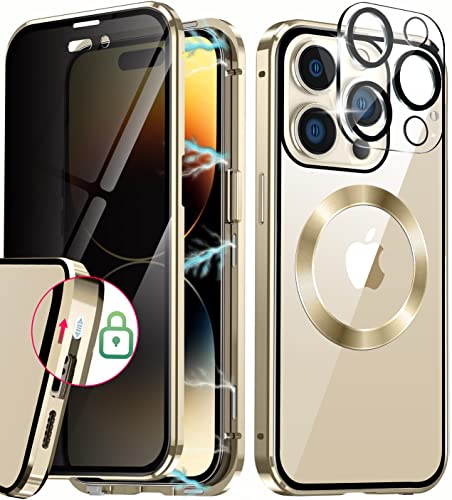 [CD Loop+Safety Lock]Magnetic Case for iPhone 14 Pro Max Case,[Privacy Screen with Camera Lens][Electroplating Metal Bumper]Double Sided 9H Glass Compatible with MagSafe Case for iPhone 14 Pro Max