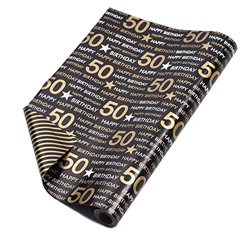 RUSPEPA Reversible Wrapping Paper Roll - 50 Years Old Birthday Black and Gold Pattern Great for Birthday, Party, Baby Shower - 17.5 Inches X 32.8 Feet