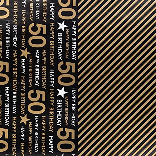 RUSPEPA Reversible Wrapping Paper Roll - 50 Years Old Birthday Black and Gold Pattern Great for Birthday, Party, Baby Shower - 17.5 Inches X 32.8 Feet