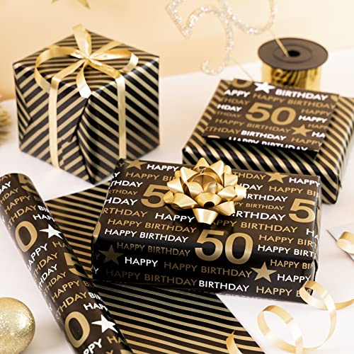 RUSPEPA Reversible Wrapping Paper Roll - 50 Years Old Birthday Black and Gold Pattern Great for Birthday, Party, Baby Shower - 17.5 Inches X 32.8 Feet