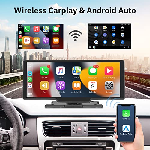 Portable Car Stereo Wireless Apple Carplay Android Auto, 10.26 Inch IPS Touchscreen Car Radio in Dash Navigation Unit Player with Bluetooth, FM Transmitter, Voice Control, AUX, TF