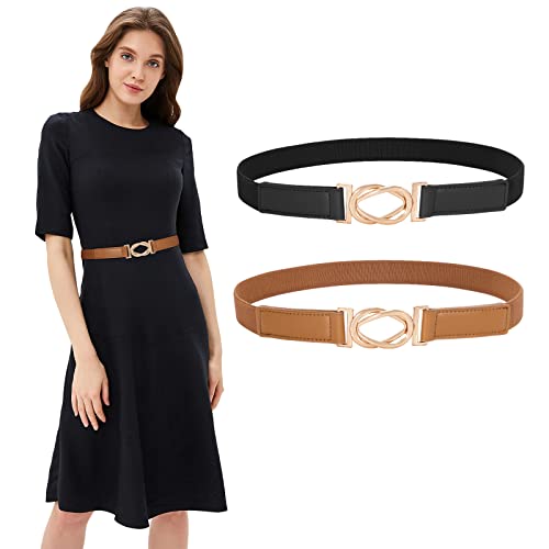 JASGOOD 2 Pack Women Skinny Elastic Belt for Dresses Thin Retro Stretch Ladies Waist Belt with Gold Buckle, A-Black+Brown, Fit Waist Size 31”-36”