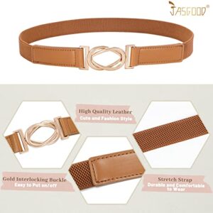 JASGOOD 2 Pack Women Skinny Elastic Belt for Dresses Thin Retro Stretch Ladies Waist Belt with Gold Buckle, A-Black+Brown, Fit Waist Size 31”-36”