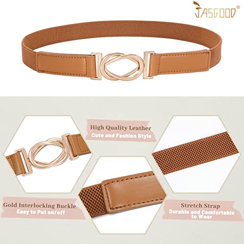 JASGOOD 2 Pack Women Skinny Elastic Belt for Dresses Thin Retro Stretch Ladies Waist Belt with Gold Buckle, A-Black+Brown, Fit Waist Size 31”-36”