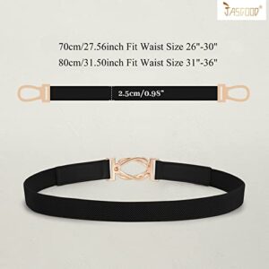 JASGOOD 2 Pack Women Skinny Elastic Belt for Dresses Thin Retro Stretch Ladies Waist Belt with Gold Buckle, A-Black+Brown, Fit Waist Size 31”-36”