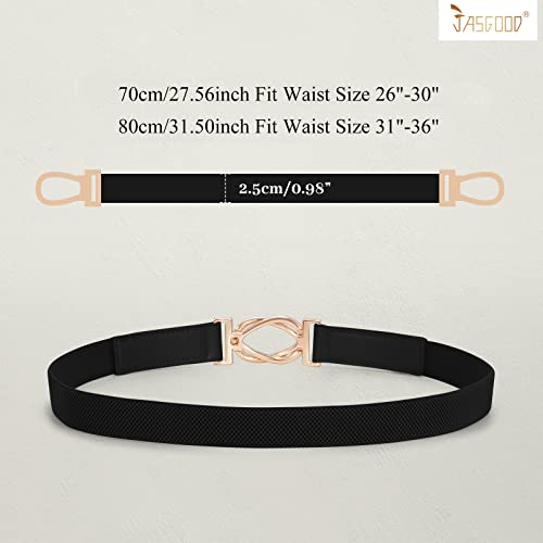 JASGOOD 2 Pack Women Skinny Elastic Belt for Dresses Thin Retro Stretch Ladies Waist Belt with Gold Buckle, A-Black+Brown, Fit Waist Size 31”-36”