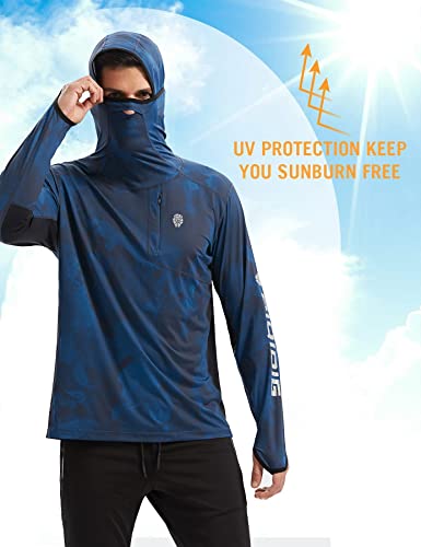 PIQIDIG Men's Sun Protection Hoodie Shirts UPF 50+ Long Sleeve Rash Guard Performance Athletic Running Hiking T-Shirt Blue camo M