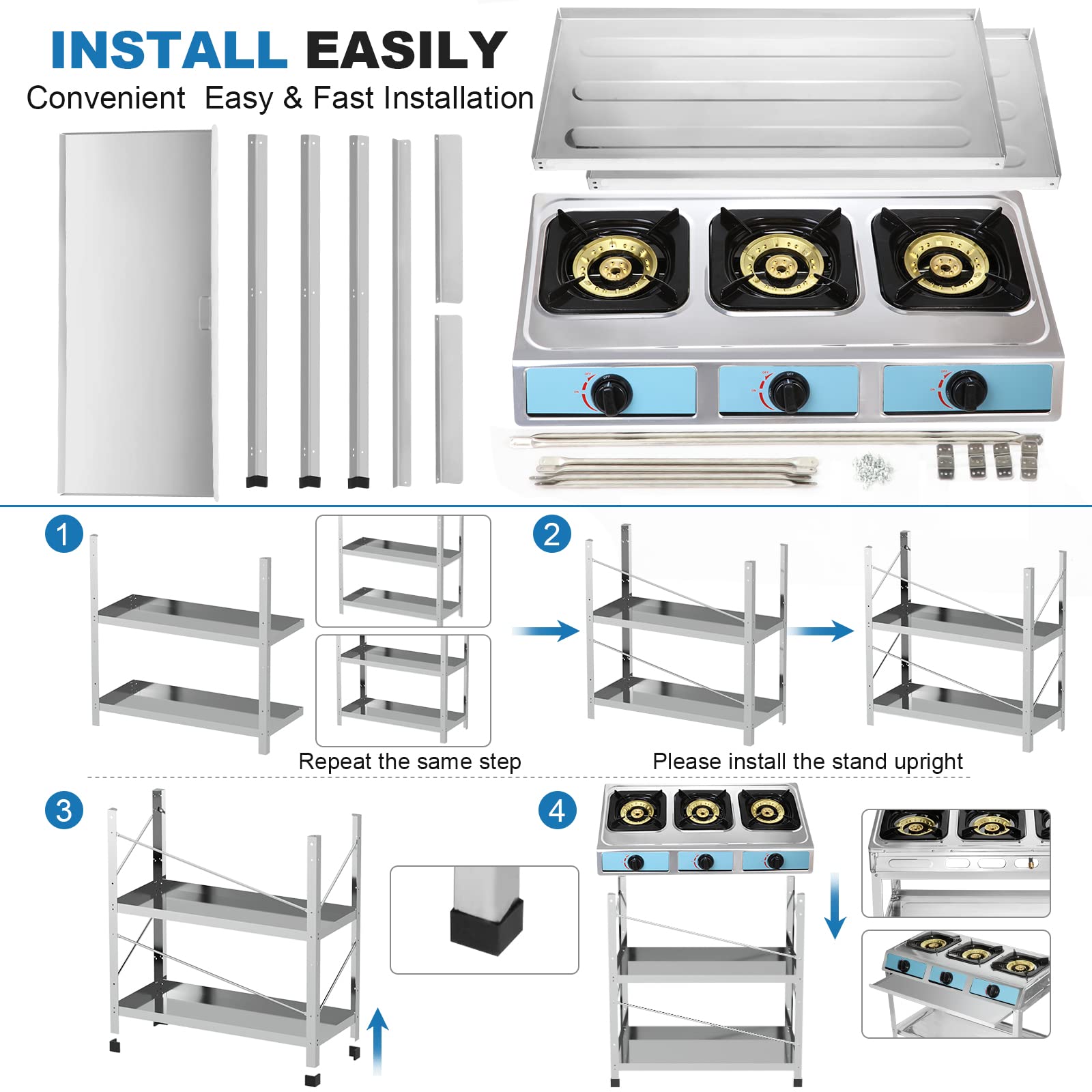 Propane Gas Stove 3 Burner Gas Stove with Removable Leg Stand Portable Gas Stove Auto Ignition Camping three Burner LPG for RV, Apartment, Outdoor