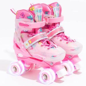 roller skates for girls and boys, adjustable 4 sizes for kids toddler roller skates with light up wheels anti-collision shell(pink, medium(2-5))