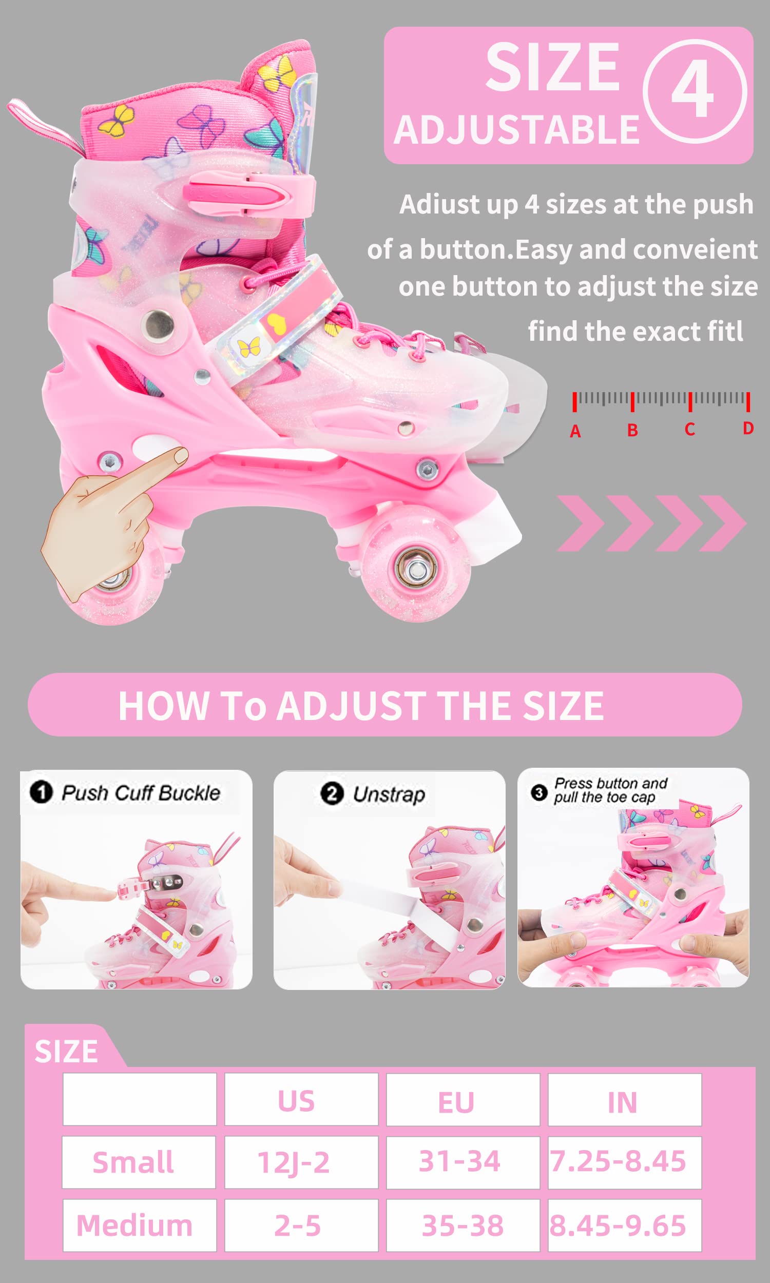 Roller Skates for Girls and Boys, Adjustable 4 Sizes for Kids Toddler Roller Skates with Light up Wheels Anti-Collision Shell(Pink, Medium(2-5))