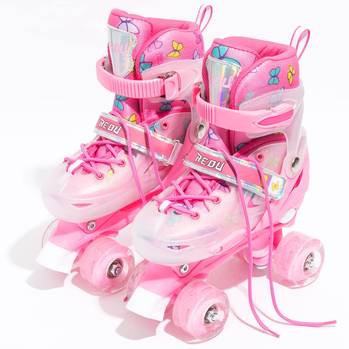 Roller Skates for Girls and Boys, Adjustable 4 Sizes for Kids Toddler Roller Skates with Light up Wheels Anti-Collision Shell(Pink, Medium(2-5))