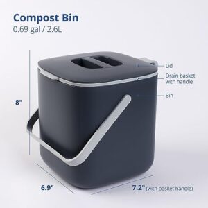 BLUE GINKGO Kitchen Compost Bin - Easy Clean Food Waste Bin for Kitchen with Handles | Countertop Compost Bin Kitchen Food Scrap Pail Bucket | Made in Korea (0.69 gal / 2.6L) - Grey