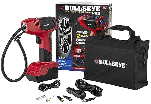 As Seen On TV Bullseye Pro Digital Tire Inflator Automatic 150 PSI w/Gauge Display Screen & Pre-set Pressure in KPA, PSI, BAR, Kg/cm, Built-in LED Lights, Rechargeable, Air Compressor, Car Tire Pump