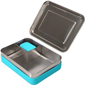 weesprout 18/8 stainless steel bento box (large) - 3 compartment metal lunch box, skid-proof silicone, for kids & adults, bonus dip container, fits in lunch & work bags, dishwasher & freezer friendly