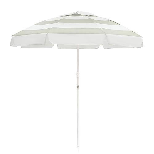 Business & Pleasure Co. Family Beach Umbrella - Premium & Lightweight 6' Beach Umbrella - UPF 50+ Blocks 98% UV - White Aluminum Pole - Sage Capri Stripe